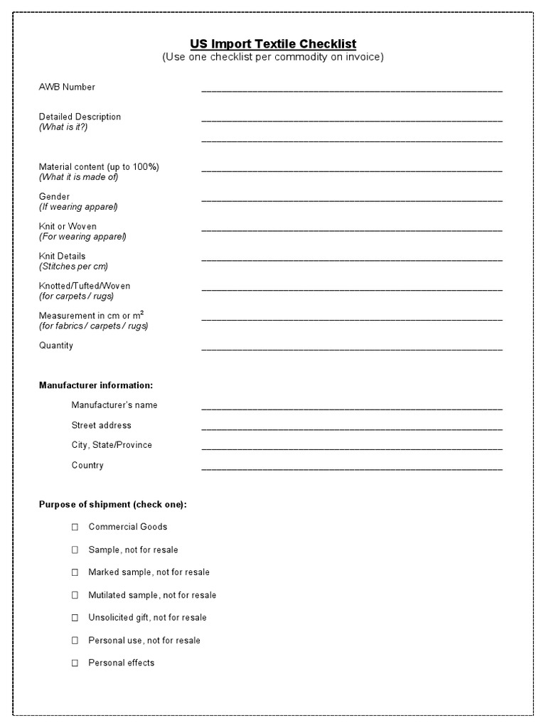 US Textile Import Checklist | PDF