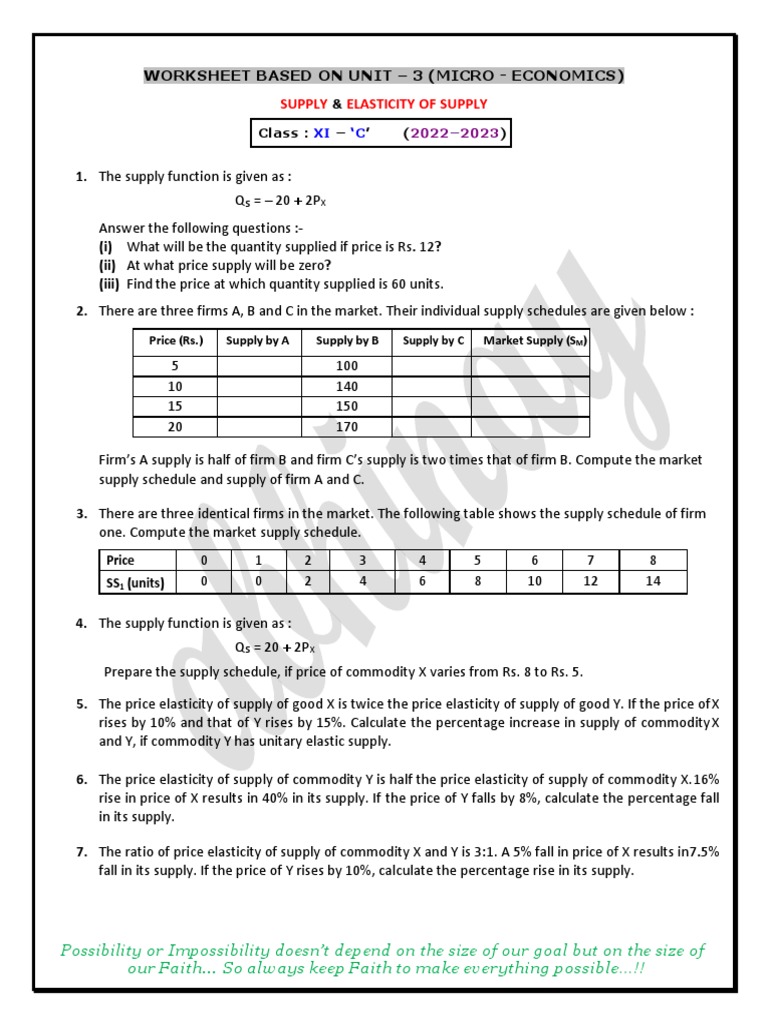 Worksheet Unit 3 Supply | PDF | Supply (Economics) | Elasticity (Economics)