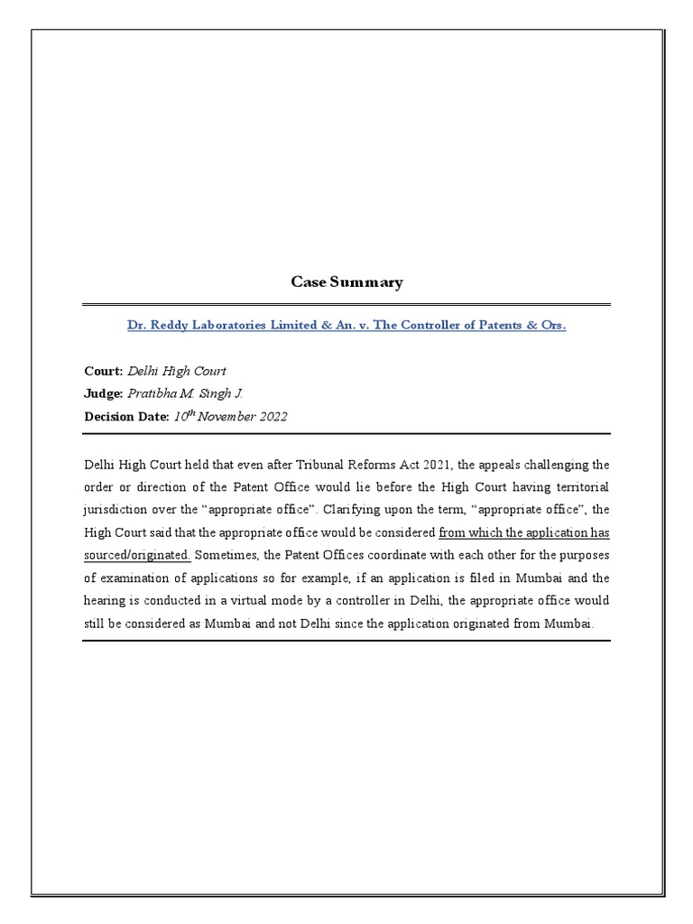 CaseSummary - Dr. Reddy Laboratories Limited & An. v. The Controller of ...