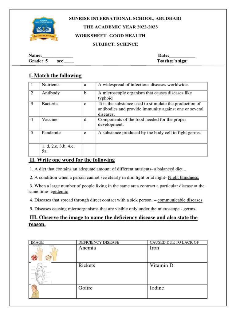 Class 5 Good Health Worksheet Answers | PDF | Infection | Foods
