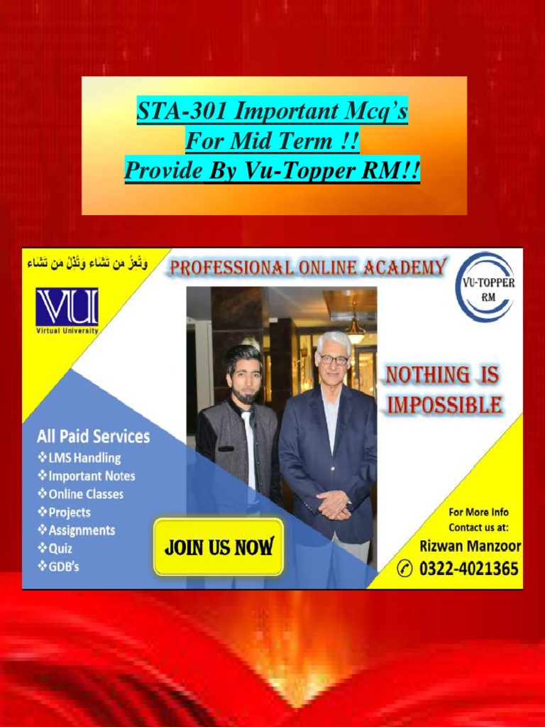 STA301 Quiz-2 File by Vu Topper RM | PDF | Mode (Statistics) | Variance STA301 Quiz-2 File by Vu Topper RM | PDF | Mode (Statistics) | Variance