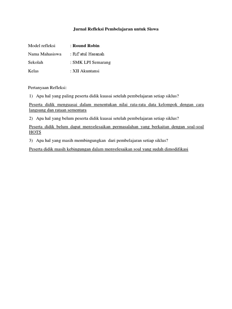 Jurnal Refleksi Pembelajaran Untuk Siswa Model Round Robin Dan Segitiga ...