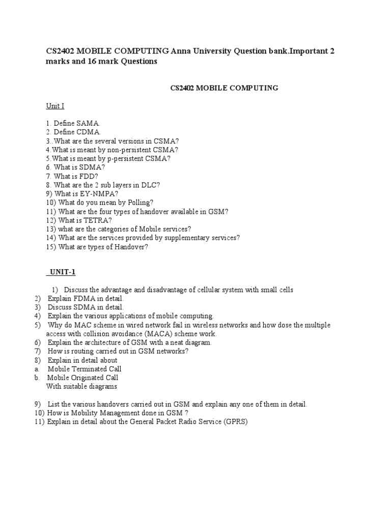 CS2402 Mobile Computing Question Bank | PDF | Transmission Control ...