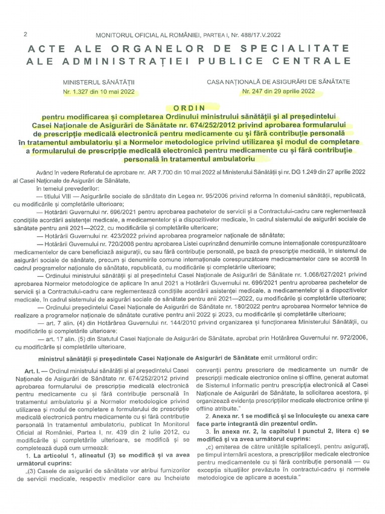 ORDIN 1327 247 Mai 2022 - Modificare Formular Reteta | PDF