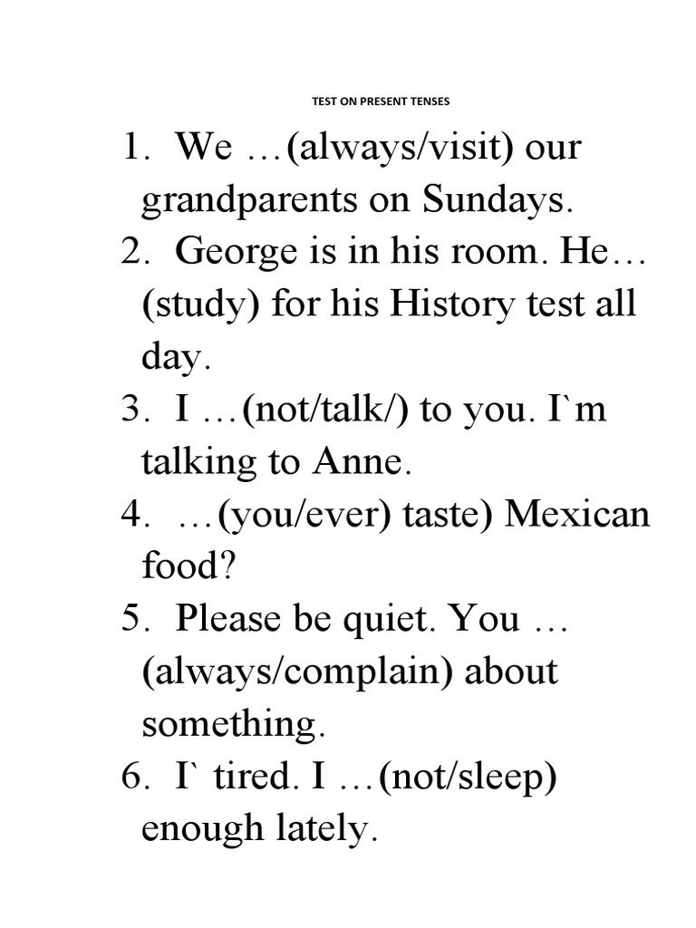 TEST ON PRESENT TENSES Practice | PDF