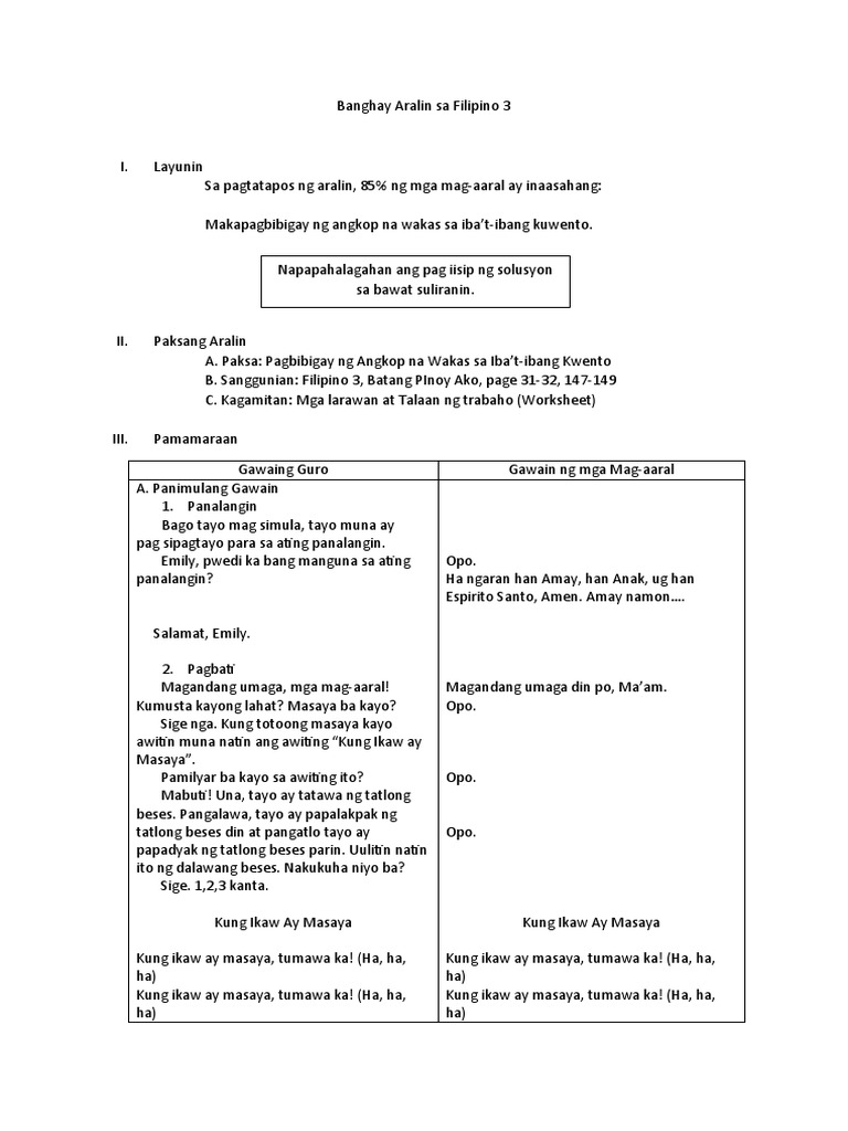 Banghay Aralin Sa Filipino 3 (4A) | PDF