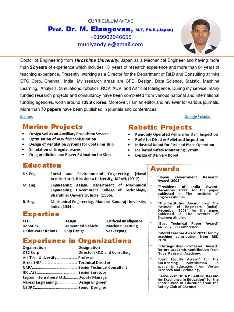 Prof DR M Elangovan D Eng CV | PDF | Engineering | Ships