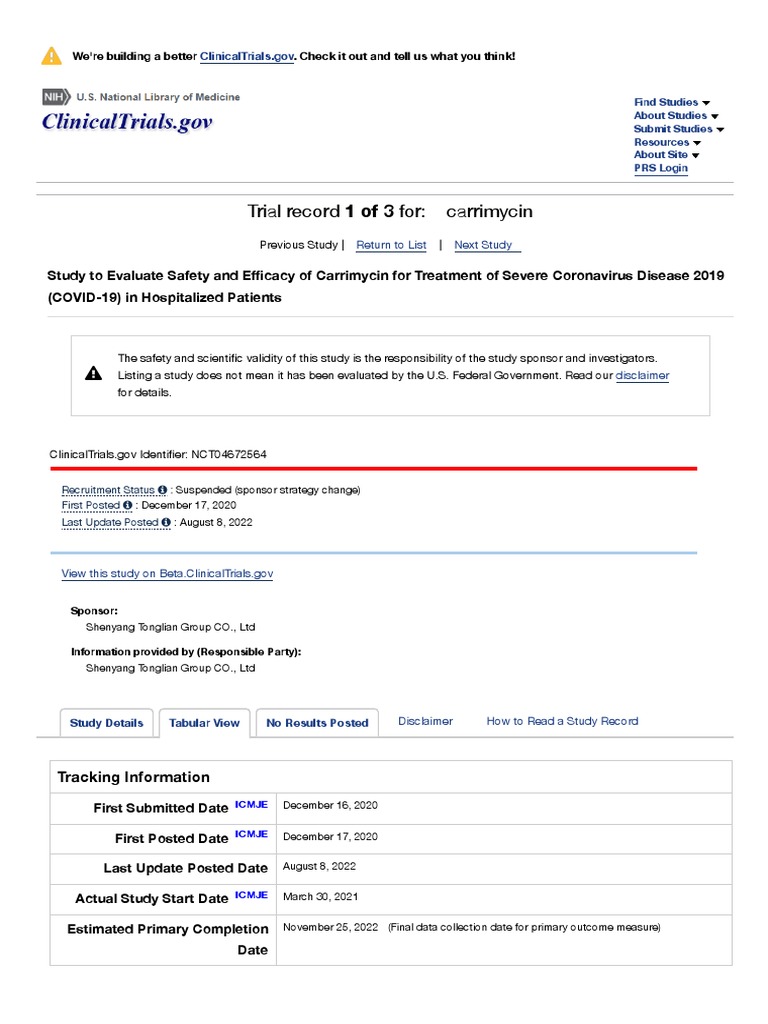 Trial Record: 1 of 3 For: Carrimycin | PDF | Placebo | Ct Scan