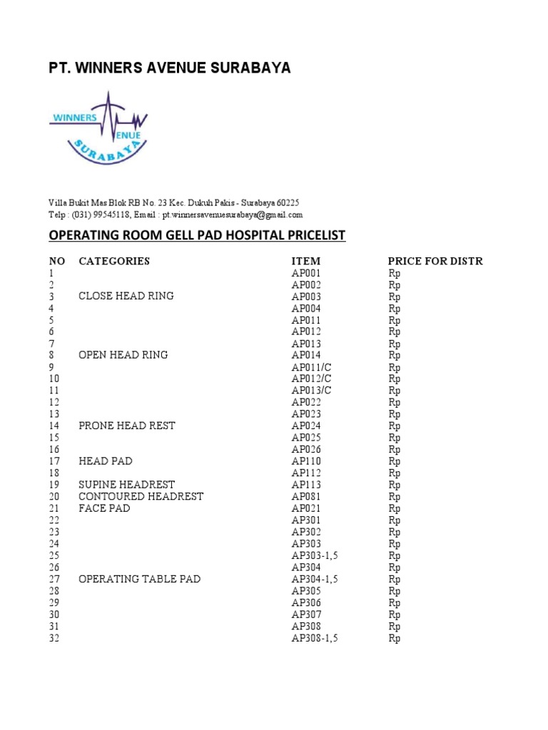 Operating Room Gel Pad Price List | PDF | Consumer Goods