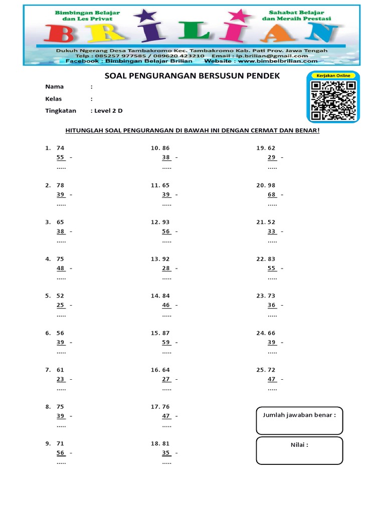 Soal Pengurangan Bersusun Pendek Kelas 2 | PDF