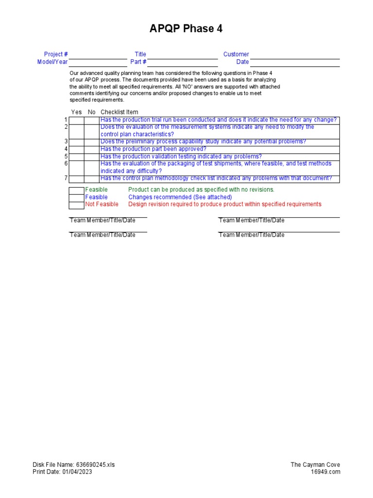 APQP Phase 4: Project # Title Customer Model/Year Part # Date | PDF ...