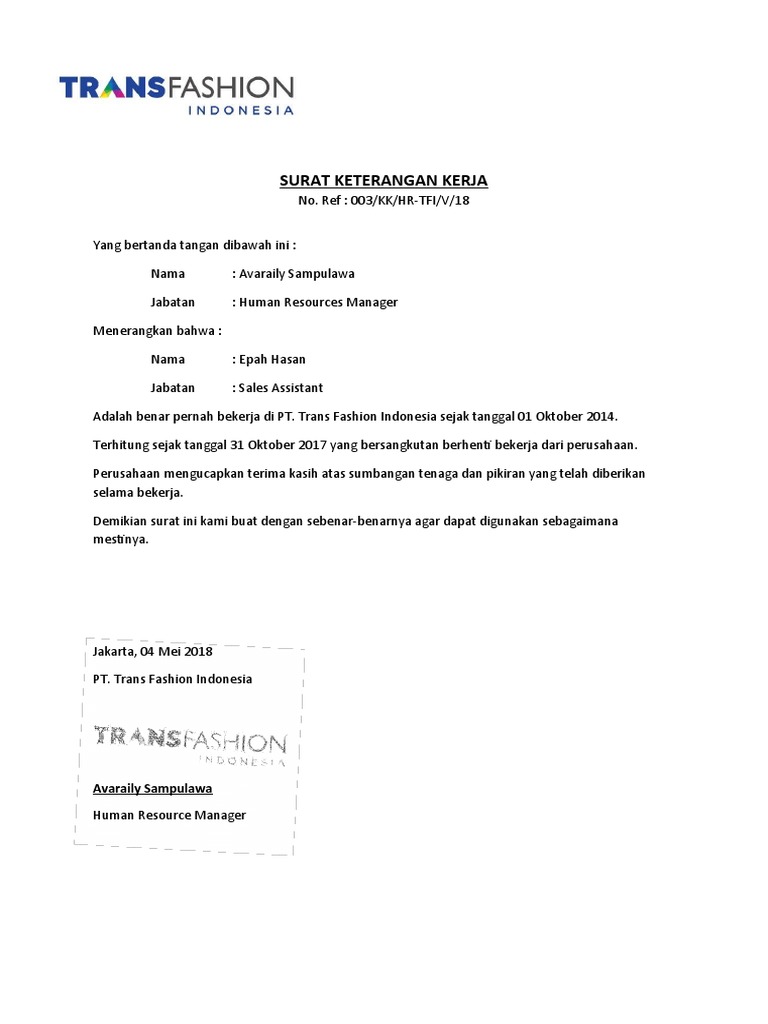 Surat Keterangan Kerja | PDF