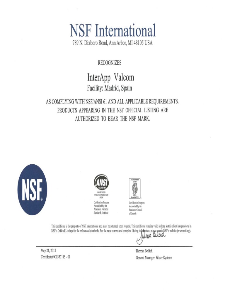 Desponia NSF 61 Certificate 1821 | PDF