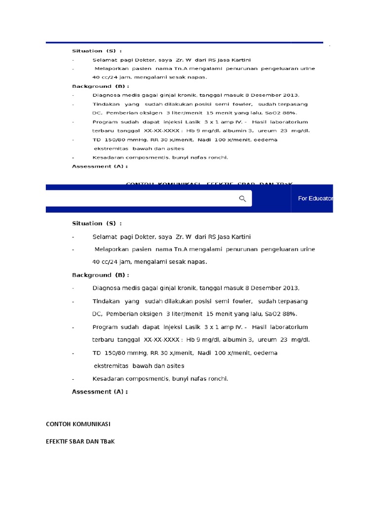 Contoh Komunikasi SBAR dan TBaK | PDF