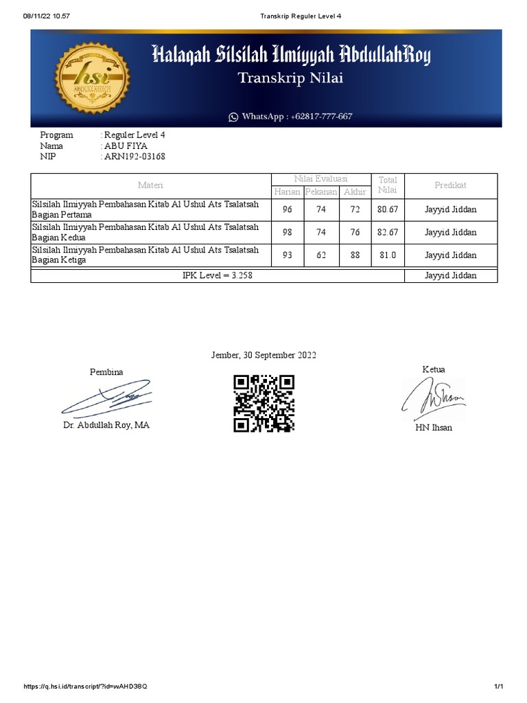 Transkrip Reguler Level 4 HSI Abu Fiya | PDF