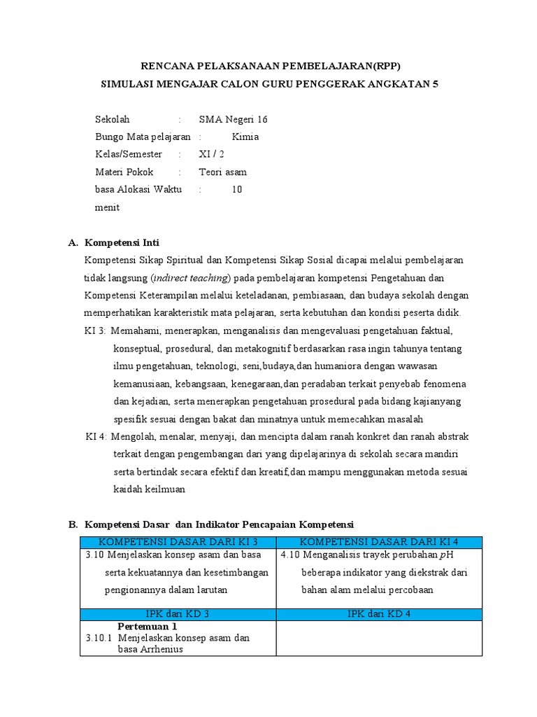 RPP Teori Asam Basa Kelas Xi | PDF
