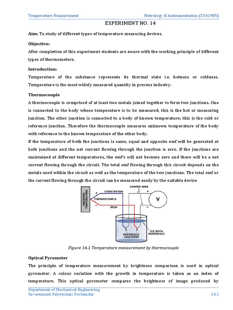 Experiment No.14 | PDF | Temperature | Thermocouple