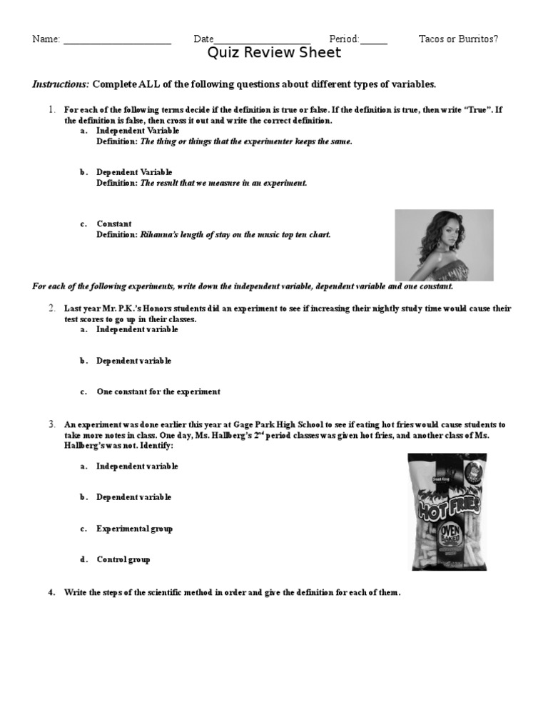 Variables Quiz Review Sheet | PDF