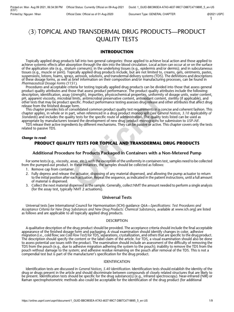〈3〉 Topical and Transdermal Drug Products—Product Quality Tests | PDF ...