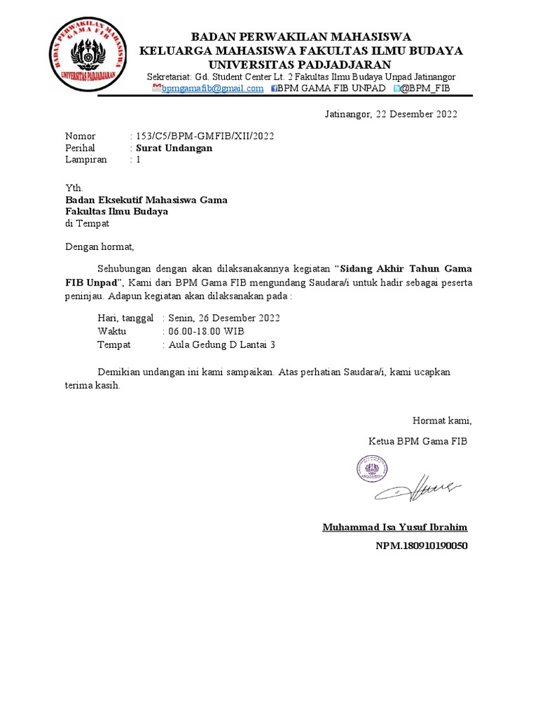 153 C5 Surat Undangan Sidang Tengah Tahun Bem Gama Fib | PDF