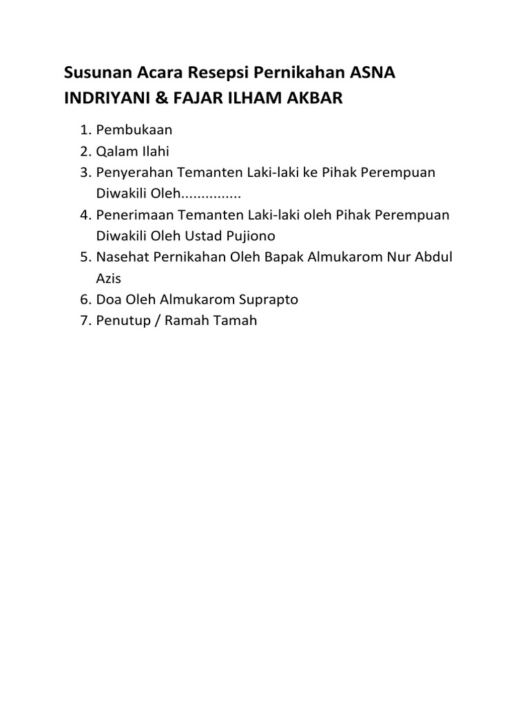 Susunan Acara Resepsi Pernikahan ASNA INDRIYANI | PDF
