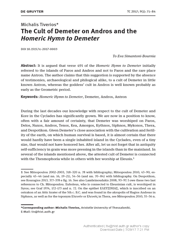 The Cult of Demeter On Andros and The H | PDF | Persephone ...
