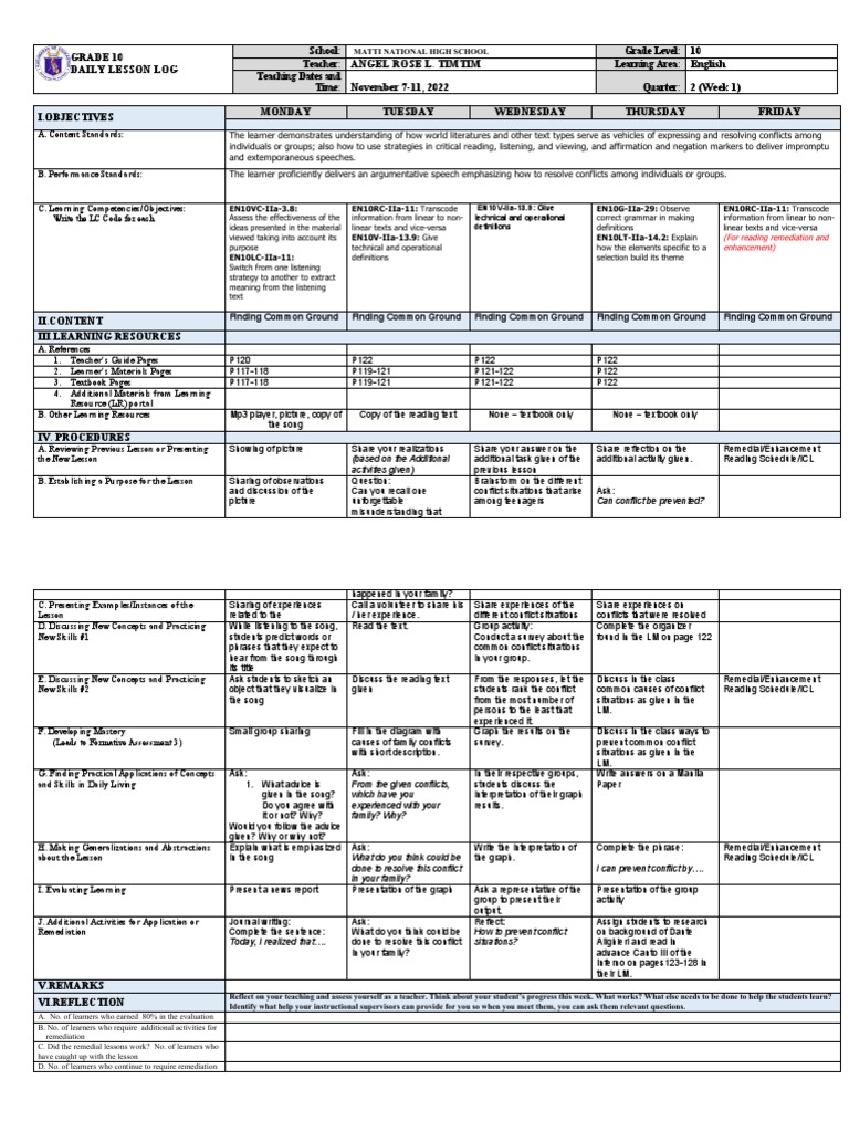 DLL English 10 Quarter 2 | PDF | Teaching Method | Teachers