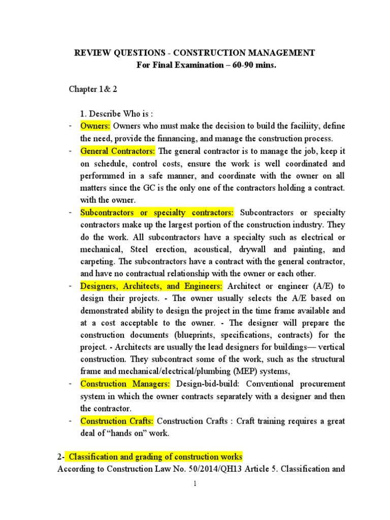 Construction Management Review Questions | PDF | Quality Assurance | Concrete