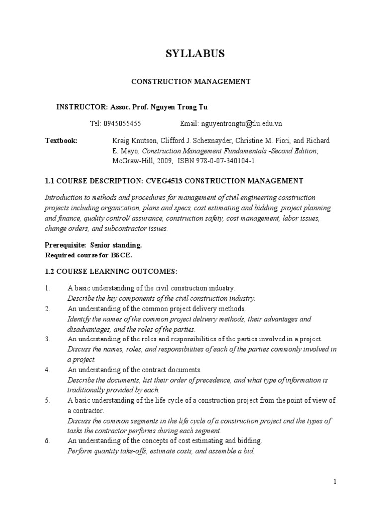 Construction Management Course Syllabus | PDF | Construction Management ...