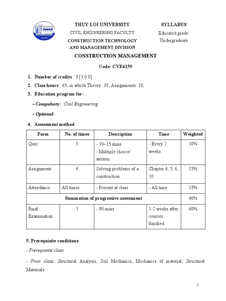 Construction Management Syllabus - E | Download Free PDF | Lecturer ...