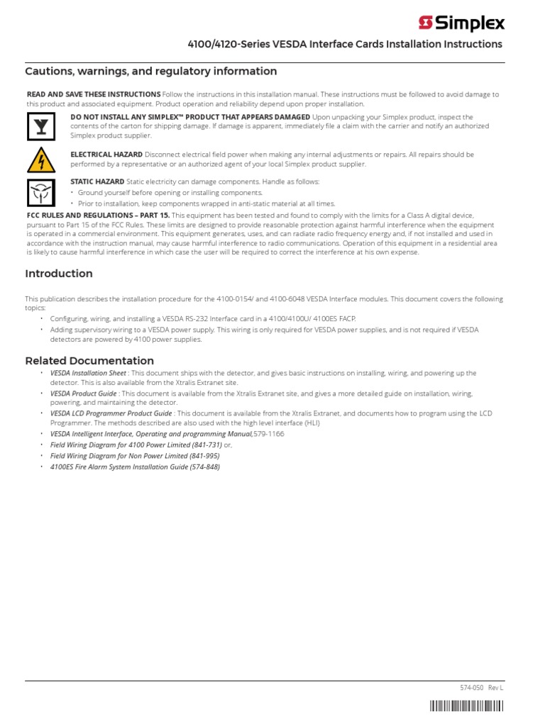 Cautions, Warnings, and Regulatory Information: 4100/4120-Series VESDA ...