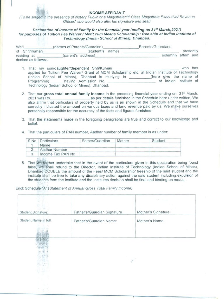 Affidavit For Tution Fee Waiver | PDF