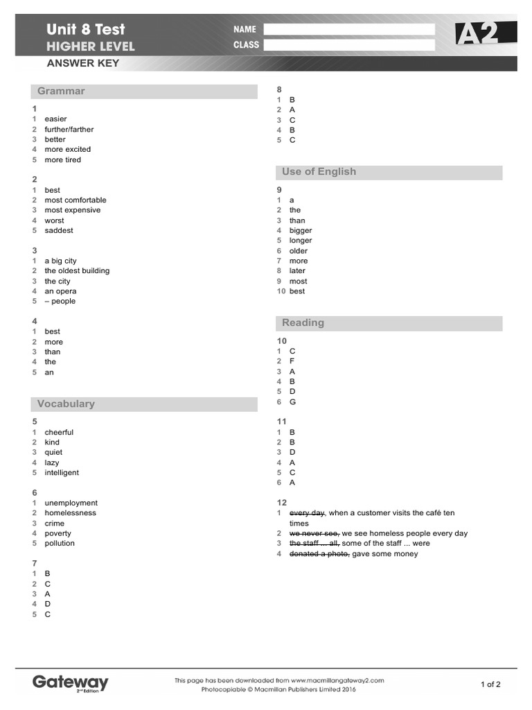 A2 Unit 8 Test Answer Key | PDF | Cognition | Linguistics