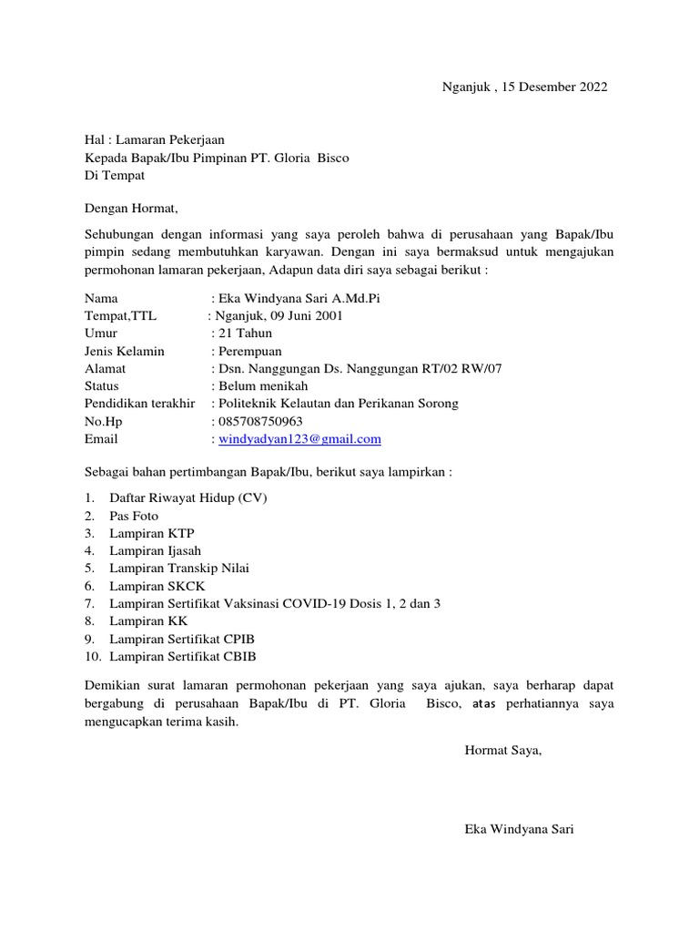 Lamaran Kerja (Eka Windyana) | PDF