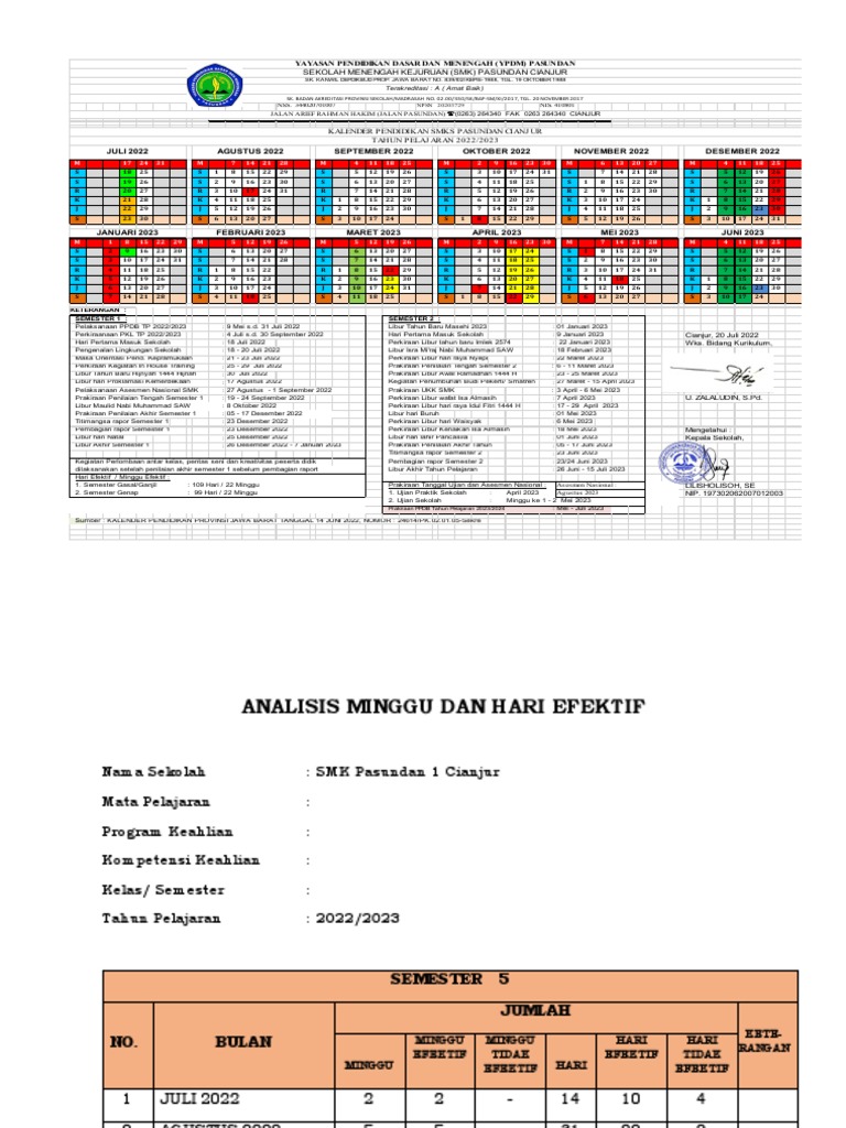 Kalender Contoh Analisis Minggu Dan Hari Efektif, Prota, Prosem | PDF