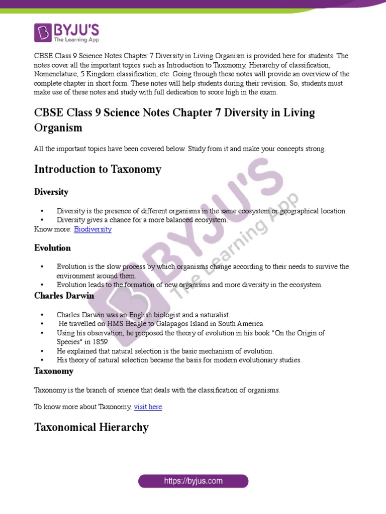 CBSE Class 9 Science Notes Chapter 71 | PDF | Sponge | Taxonomy (Biology)