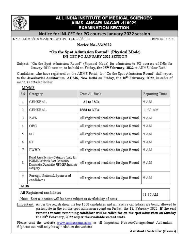 2022 - JAN - INI-CET - SPOT - Admission Round Physical - 4.14 - Notice ...
