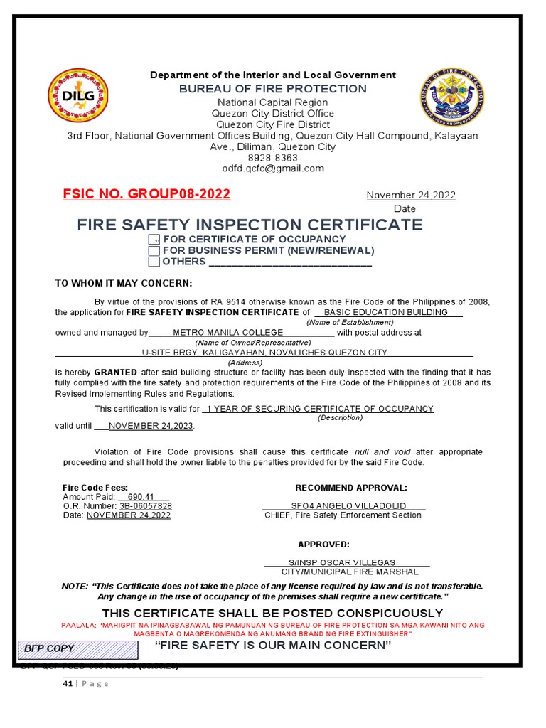 Done Firesafetyinspectioncertificate | PDF | Fire Safety | Government