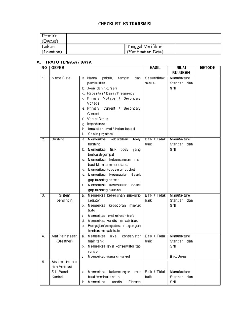 Checklist K3 Transmisi | PDF | Teknologi & Rekayasa