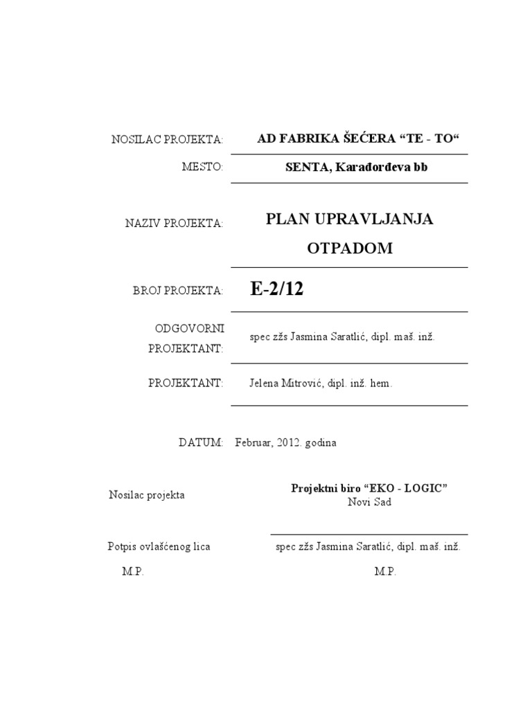 Plan Upravljanja Otpadom - AD FABRIKA ŠEĆERA "TE - To" Senta 2012 | PDF