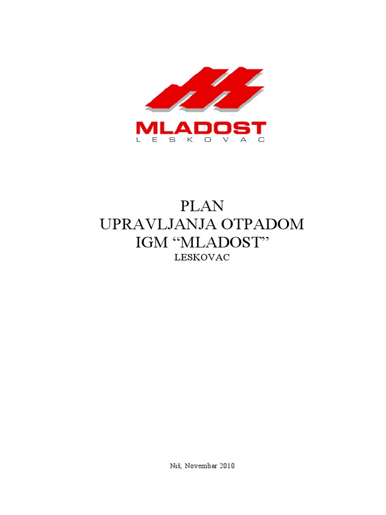 Plan Upravljanja Otpadom - IGM Mladost Leskovac | PDF