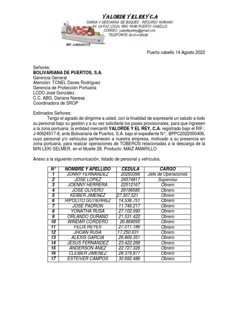 Carta Bolipuertos Listado de Personal Tobero PDF | PDF