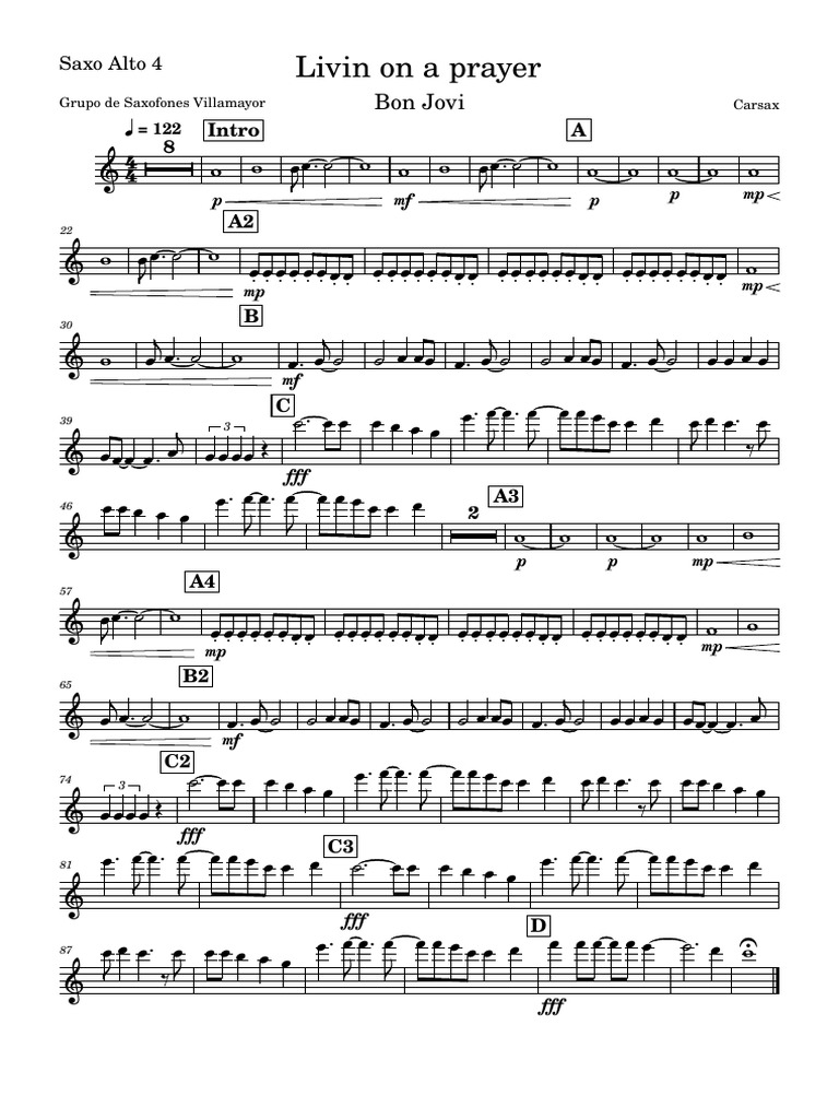 Livin' on a Prayer Sax Sheet Music | PDF