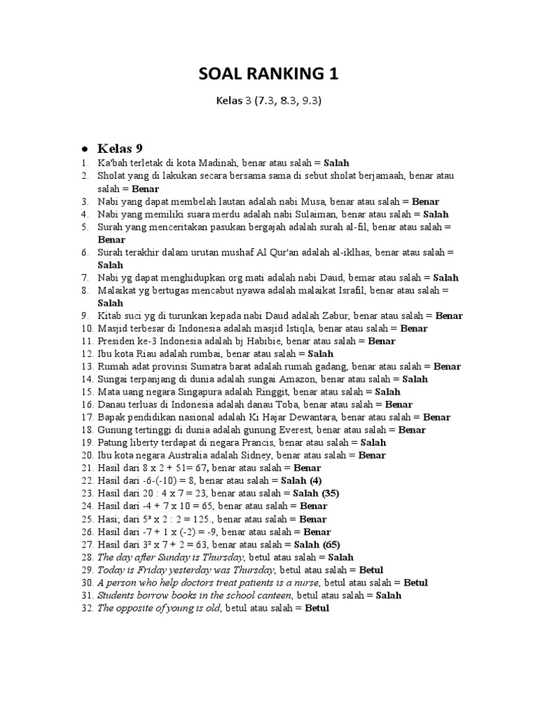Soal Ranking 1 Kelas 3 | PDF