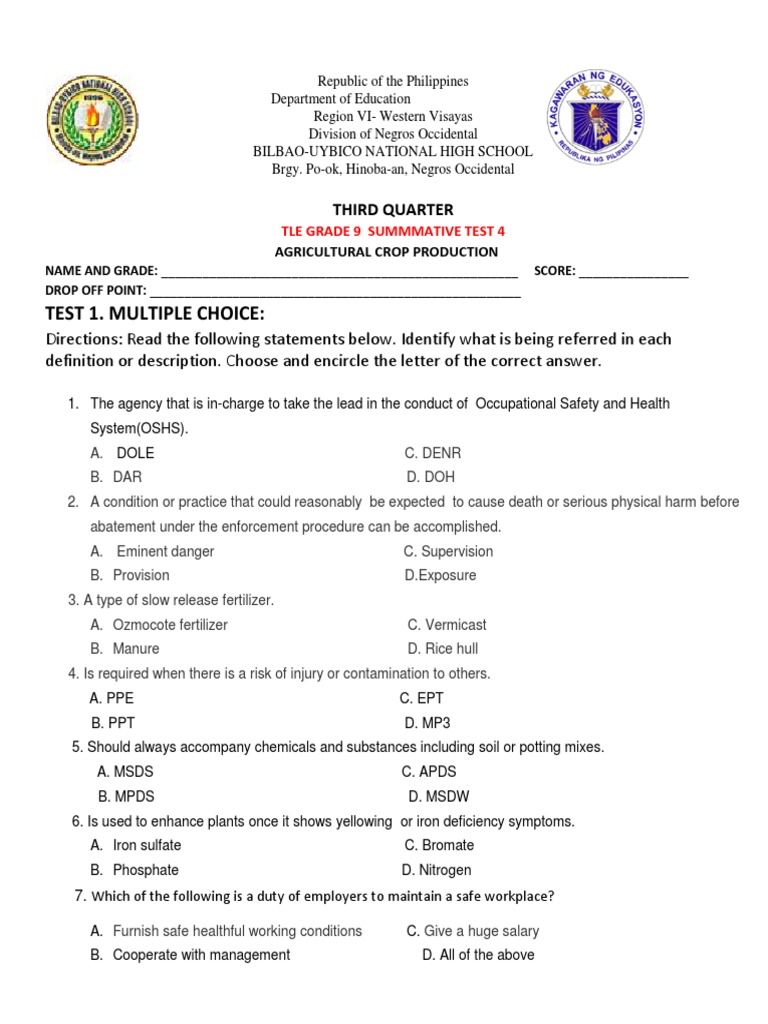 TLE-9 AGRI-CROP 4th Summative Test THIRD QUARTER | PDF | Occupational ...