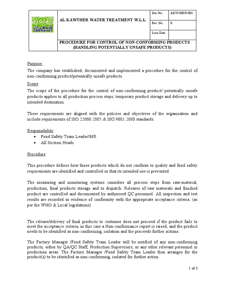 Non-Conforming Product Control Procedure | PDF | Food Safety | Evaluation