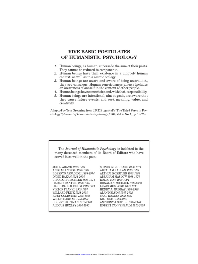 Five Basic Postulates of Humanistic Psychology 2006 | PDF