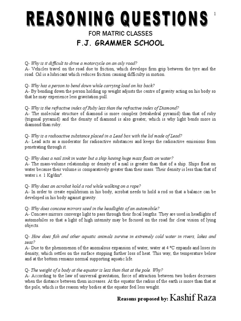 Reasoning Questions | PDF | Friction | Classical Mechanics