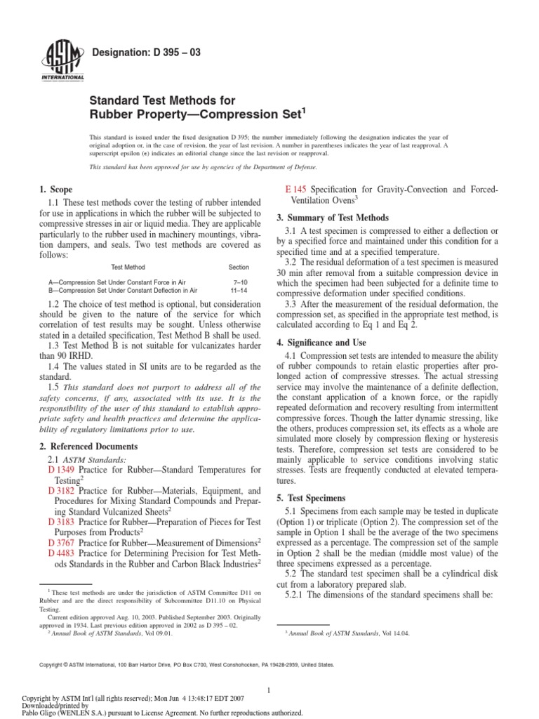 Astm D395 - 2003 | PDF | Deformation (Engineering) | Stress (Mechanics)