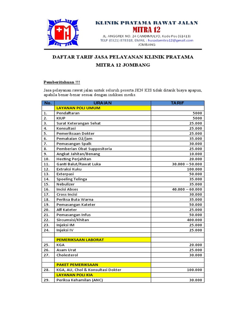 Valid DAFTAR TARIF PASIEN UMUM | PDF